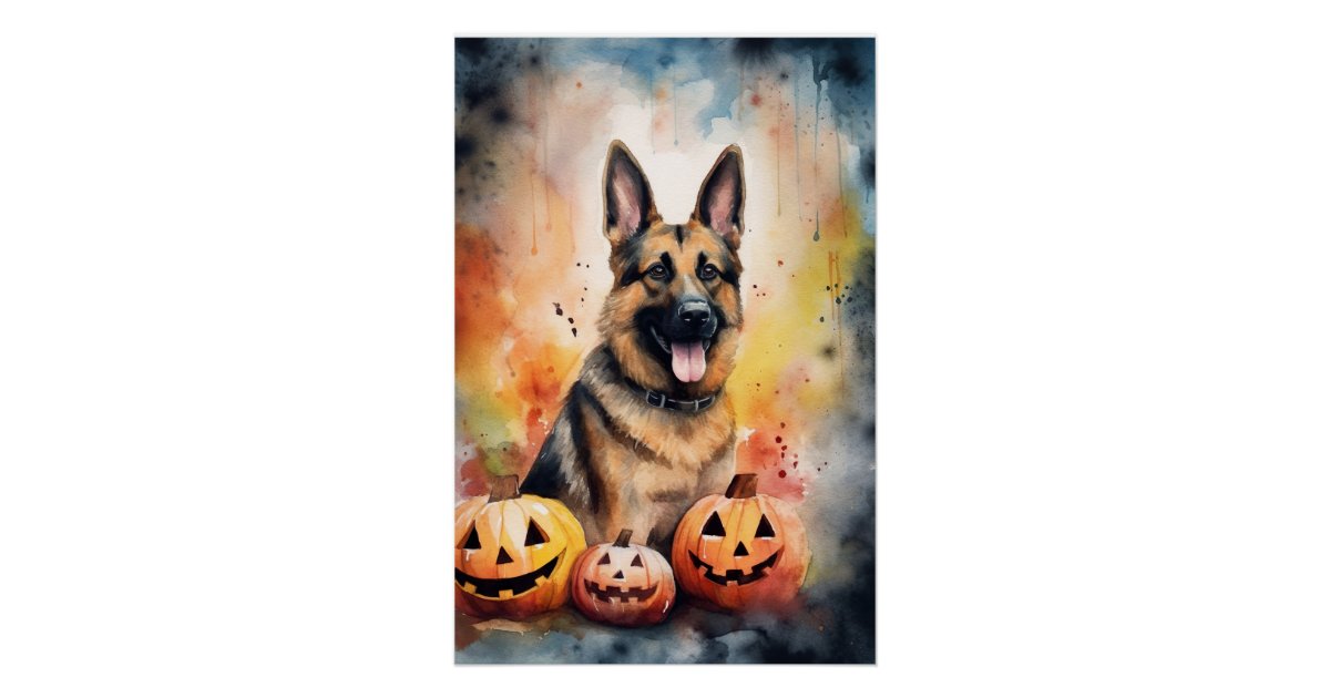 Halloween German Shepherd With Pumpkins Scary Poster | Zazzle