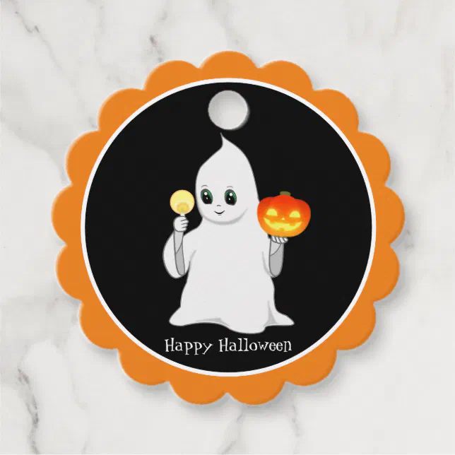 Halloween ghost and pumpkin on black favor tags | Zazzle