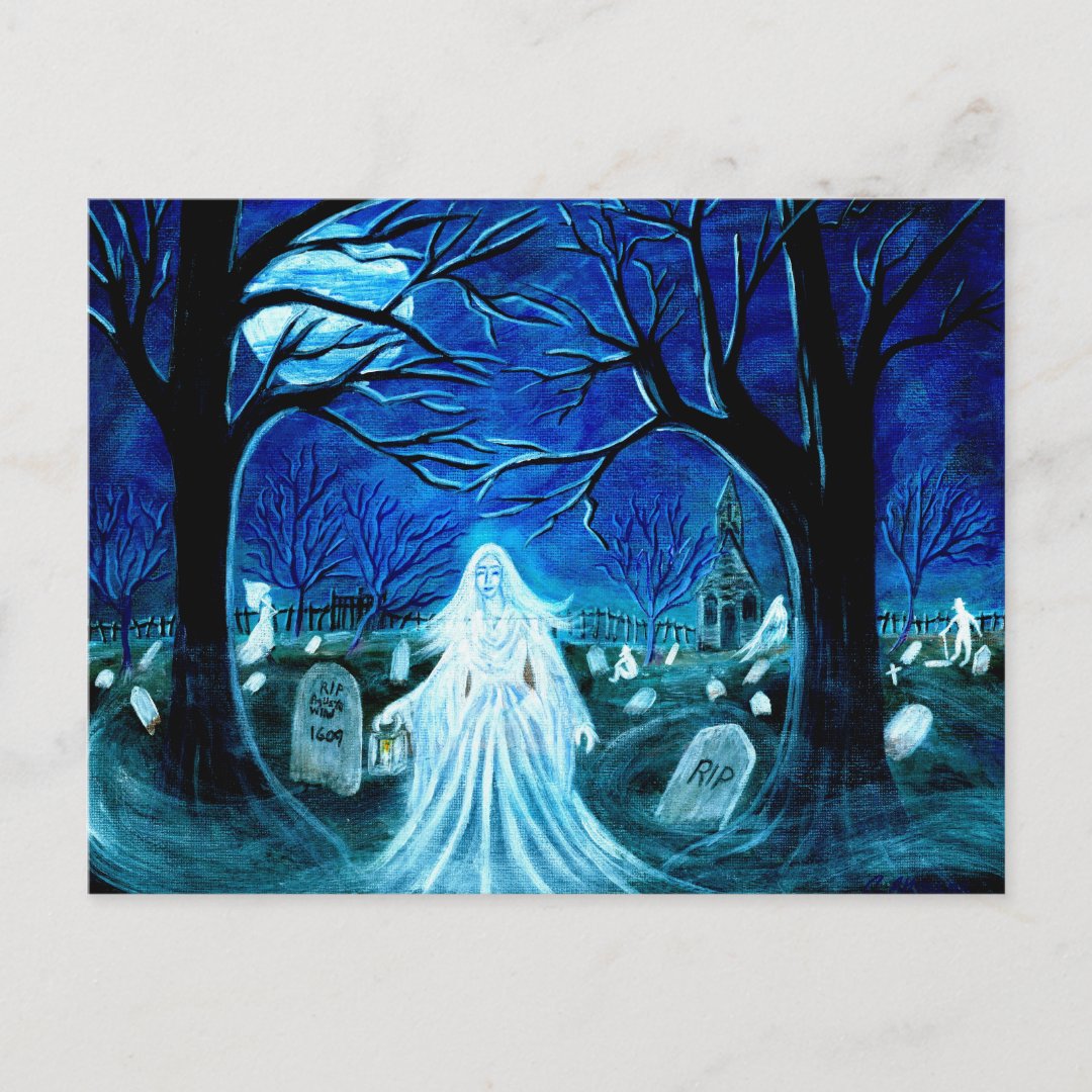 Halloween,ghost,graveyard,tombstones,churchyard Postcard | Zazzle