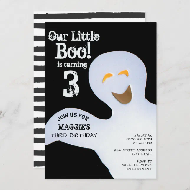 Halloween Ghost Little Boo Turning 3 3rd Birthday Invitation | Zazzle