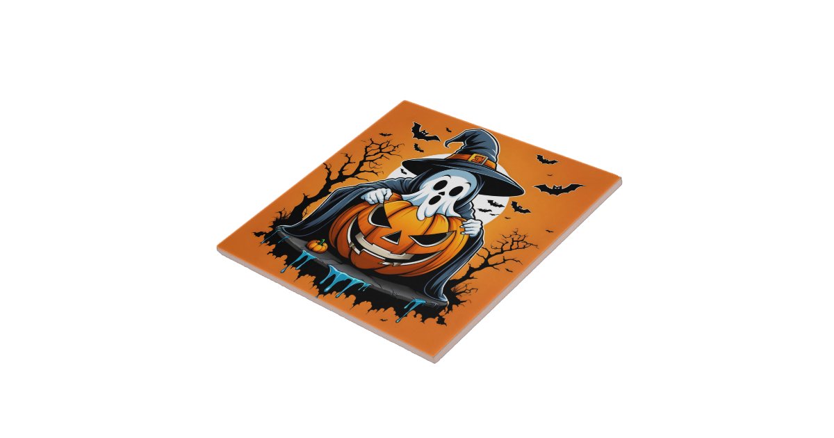 Halloween ghost with pumpkin under a spooky sky ceramic tile | Zazzle