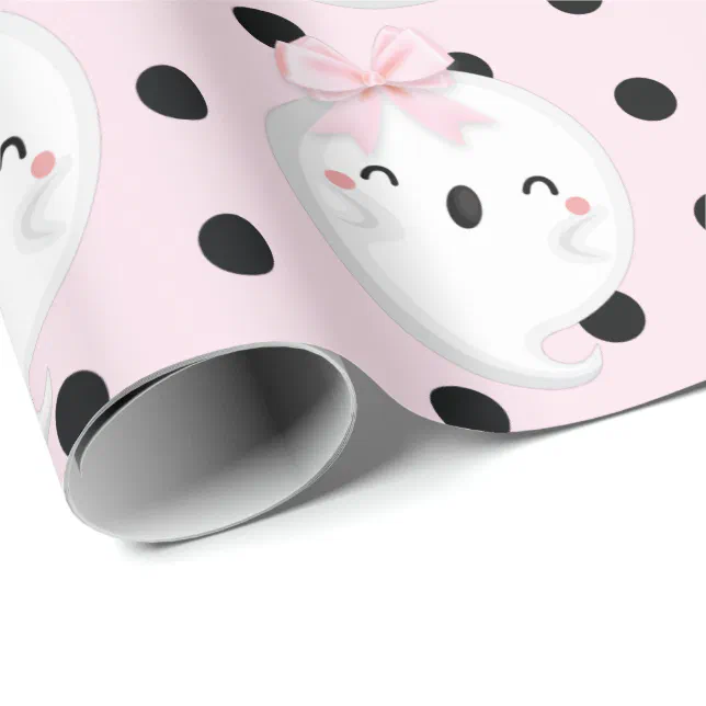 Halloween Girl Birthday Pink Black Polka dot Ghost Wrapping Paper | Zazzle