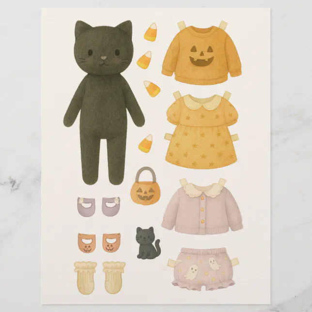 Halloween Girl Black Cat Watercolor Paper Doll | Zazzle