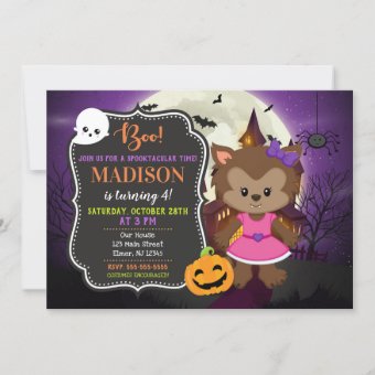 Halloween Girl Werewolf Birthday Invitation | Zazzle