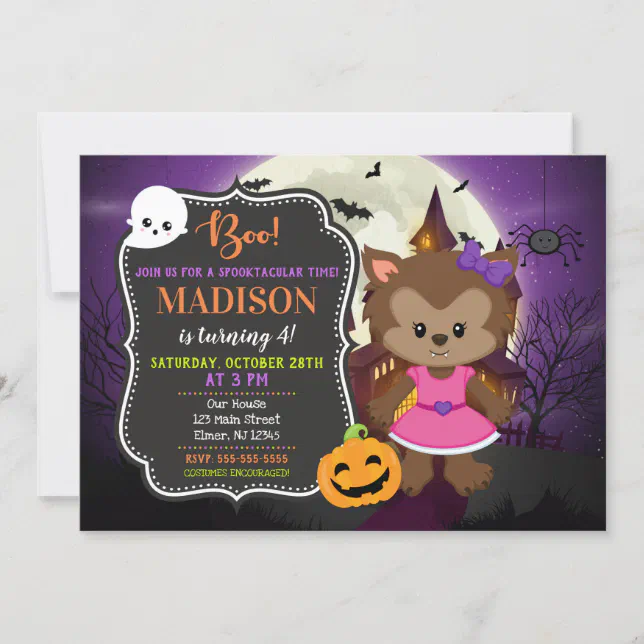 Halloween Girl Werewolf Birthday Invitation | Zazzle