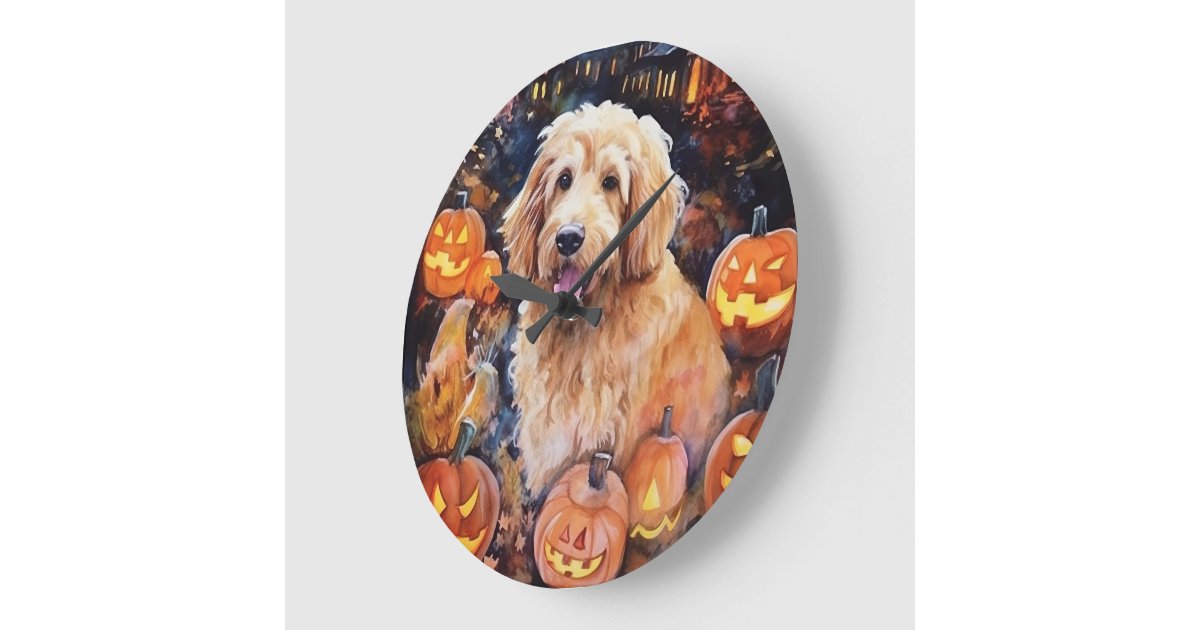 Halloween Goldendoodle With Pumpkins Scary Large Clock | Zazzle