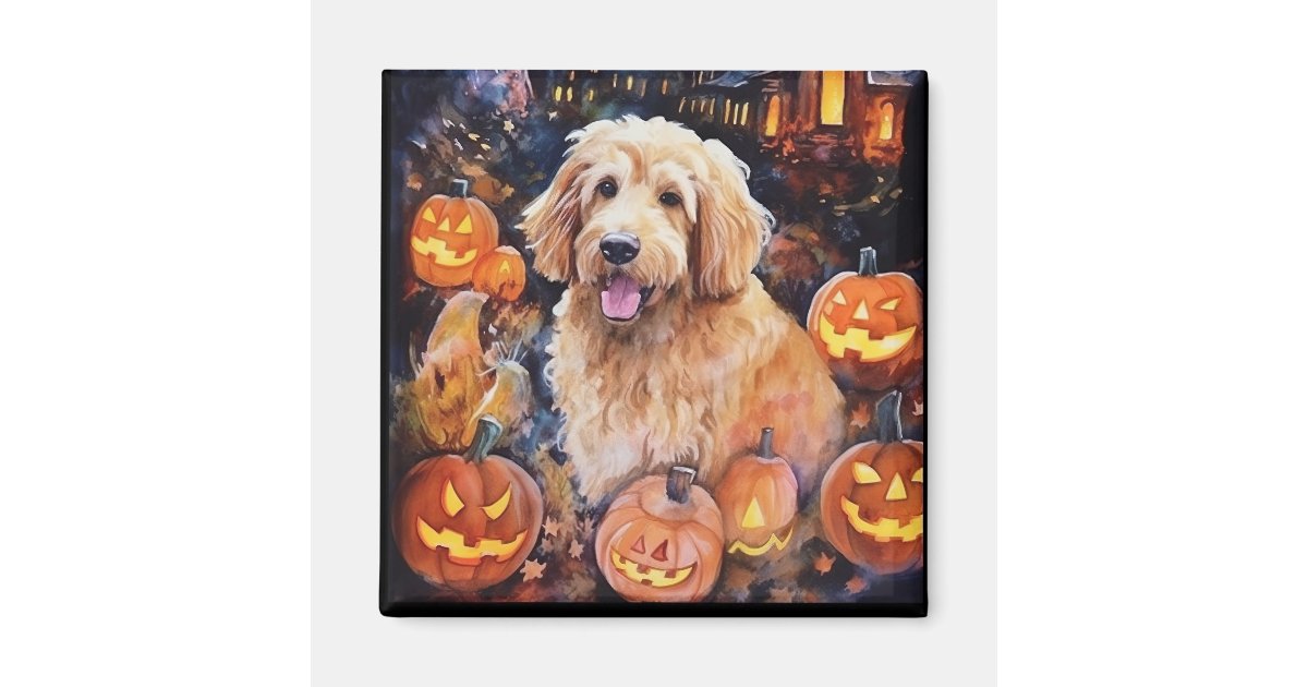 Halloween Goldendoodle With Pumpkins Scary Magnet | Zazzle