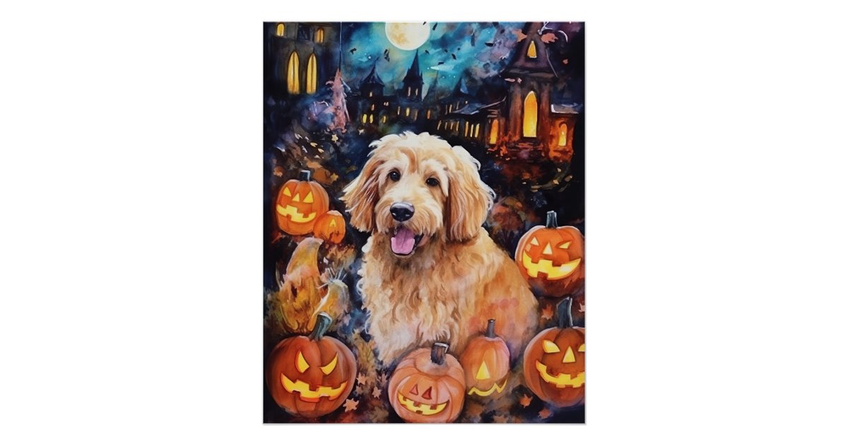 Halloween Goldendoodle With Pumpkins Scary Poster | Zazzle