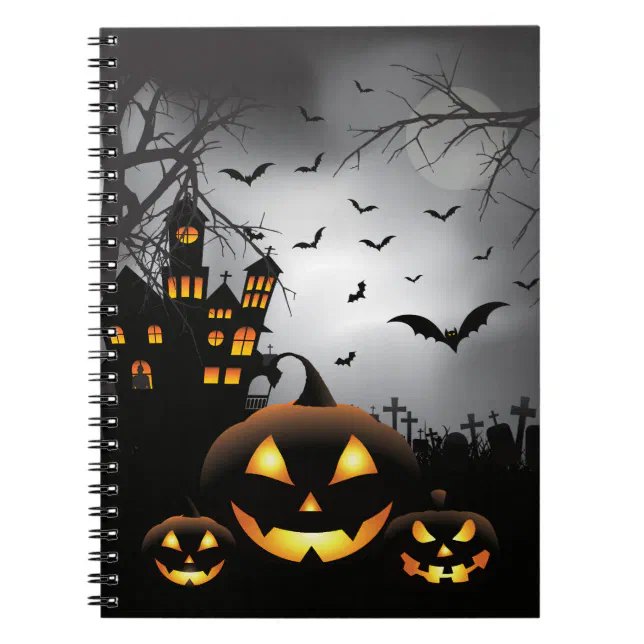 Halloween graveyard scenes pumpkin haunted house notebook | Zazzle