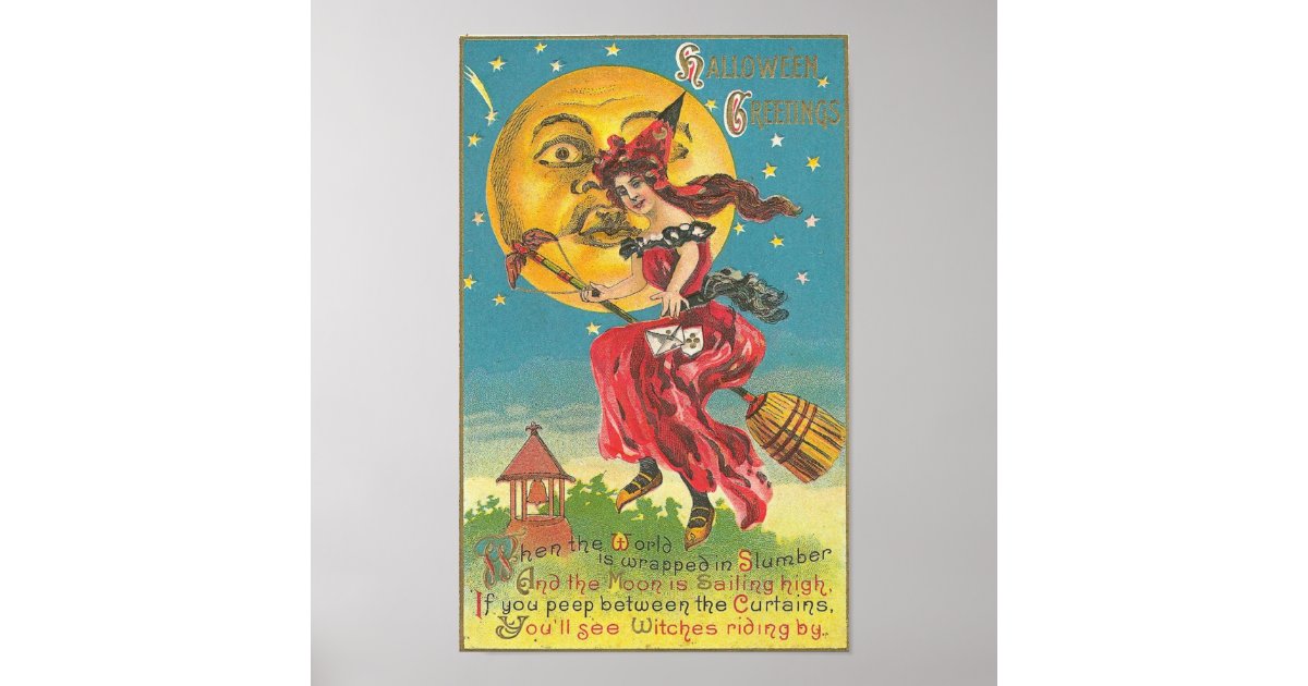 Halloween Greetings Woman On Broom Poster | Zazzle