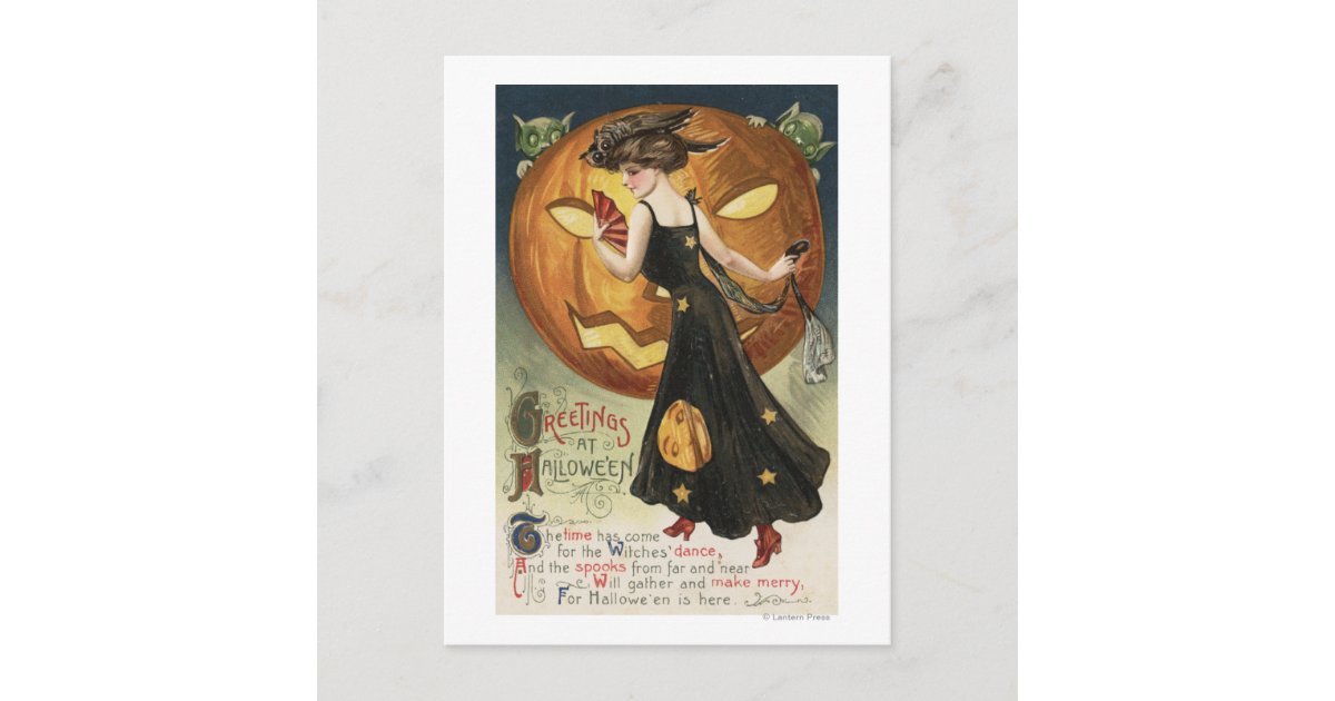 Halloween GreetingWitch Dancing and Pumpkin Postcard | Zazzle