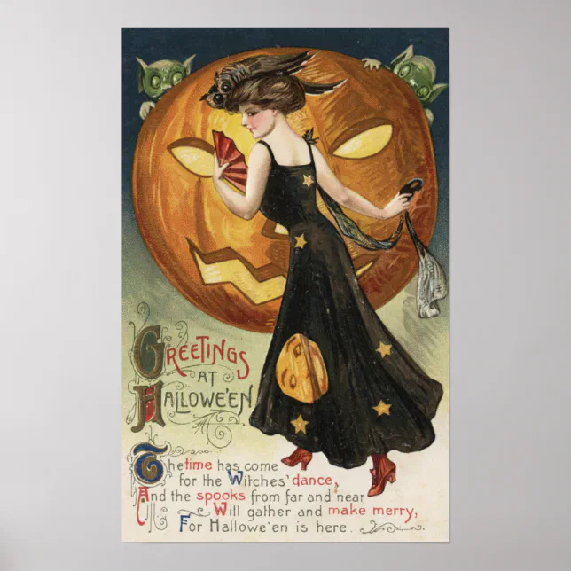 Halloween GreetingWitch Dancing and Pumpkin Poster | Zazzle