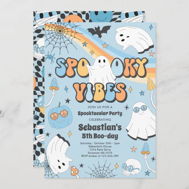 Halloween Groovy Cute Ghost Spooky Vibes Birthday Invitation | Zazzle
