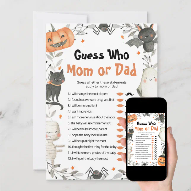 Halloween Guess Who Mom or Dad Baby Shower Game Invitation | Zazzle