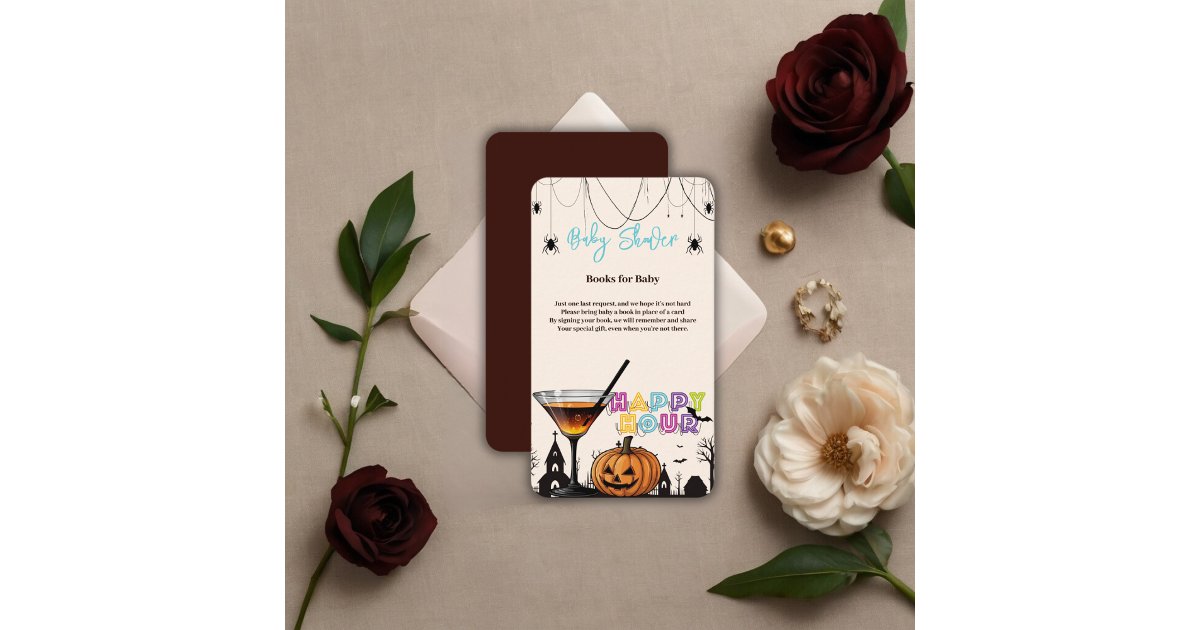 Halloween Happy Hour Pumpkin Cocktail Baby Shower Enclosure Card | Zazzle