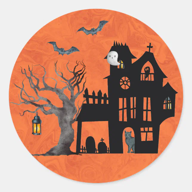 Halloween Haunted House Scene Classic Round Sticker | Zazzle