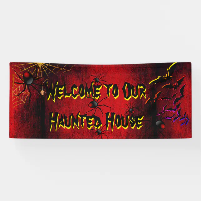 Halloween Haunted House Spiders Bats Blood Red Banner | Zazzle