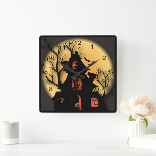 Halloween Haunted House Square Wall Clock | Zazzle