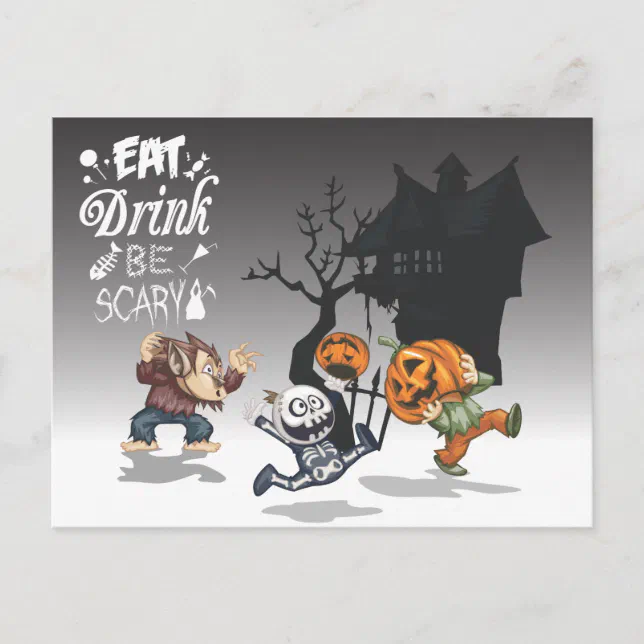 Halloween Haunted House Werewolf Skeleton Pumpkin Postcard | Zazzle