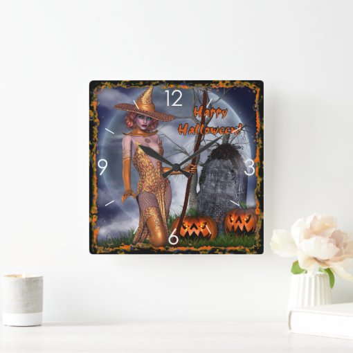 Halloween Haunted Witch Pumpkin House Square Wall Clock | Zazzle