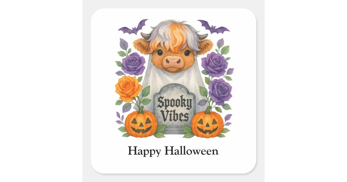 Halloween Highland Cow Ghosts Cute Personalized Square Sticker | Zazzle