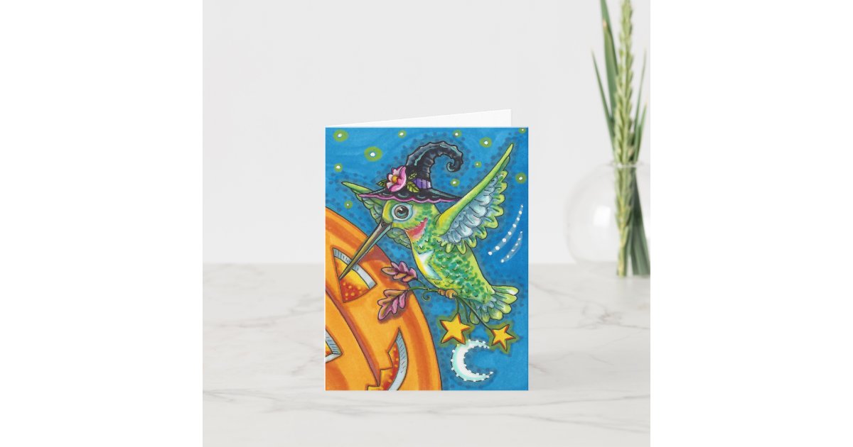 HALLOWEEN HUMMINGBIRD, JACK O LANTERN WHIMSY Blank Card | Zazzle