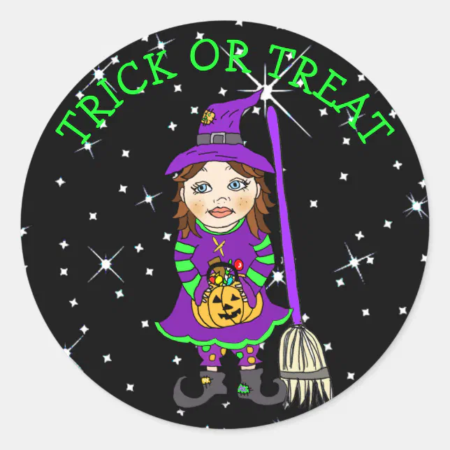 Halloween Kid Witch Costume Starry Night Classic Round Sticker | Zazzle