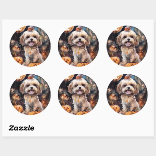 Halloween Lhasa Apso With Pumpkins Scary Classic Round Sticker | Zazzle