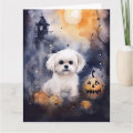 Halloween Maltese With Pumpkins Scary Card | Zazzle