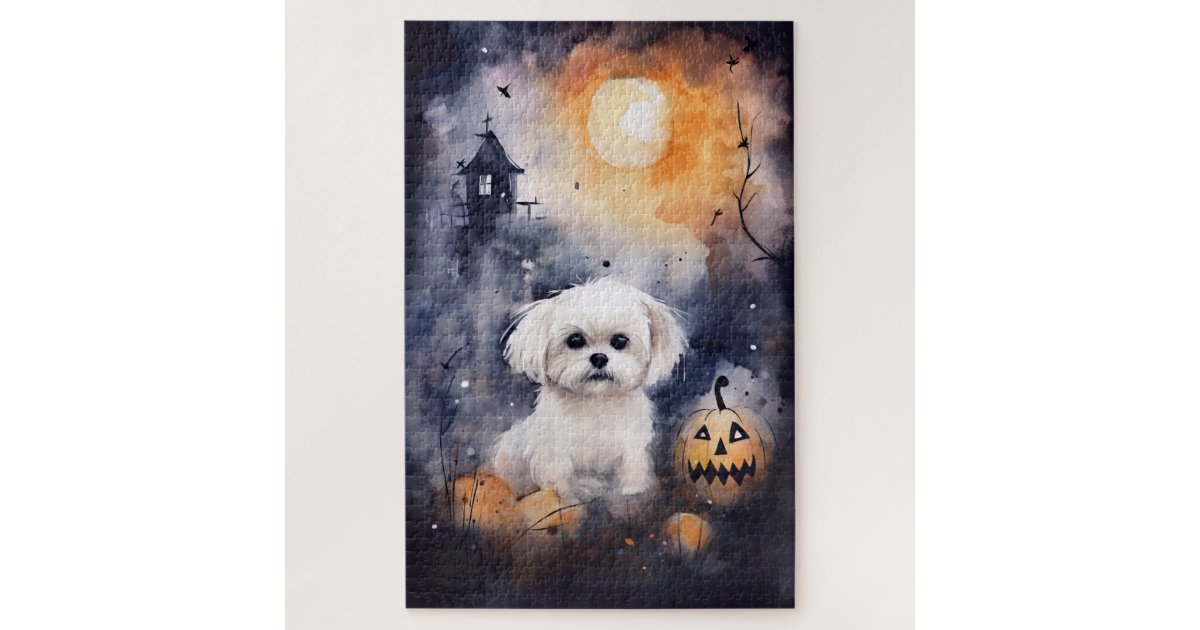 Halloween Maltese With Pumpkins Scary Jigsaw Puzzle | Zazzle
