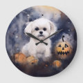 Halloween Maltese With Pumpkins Scary Large Clock | Zazzle