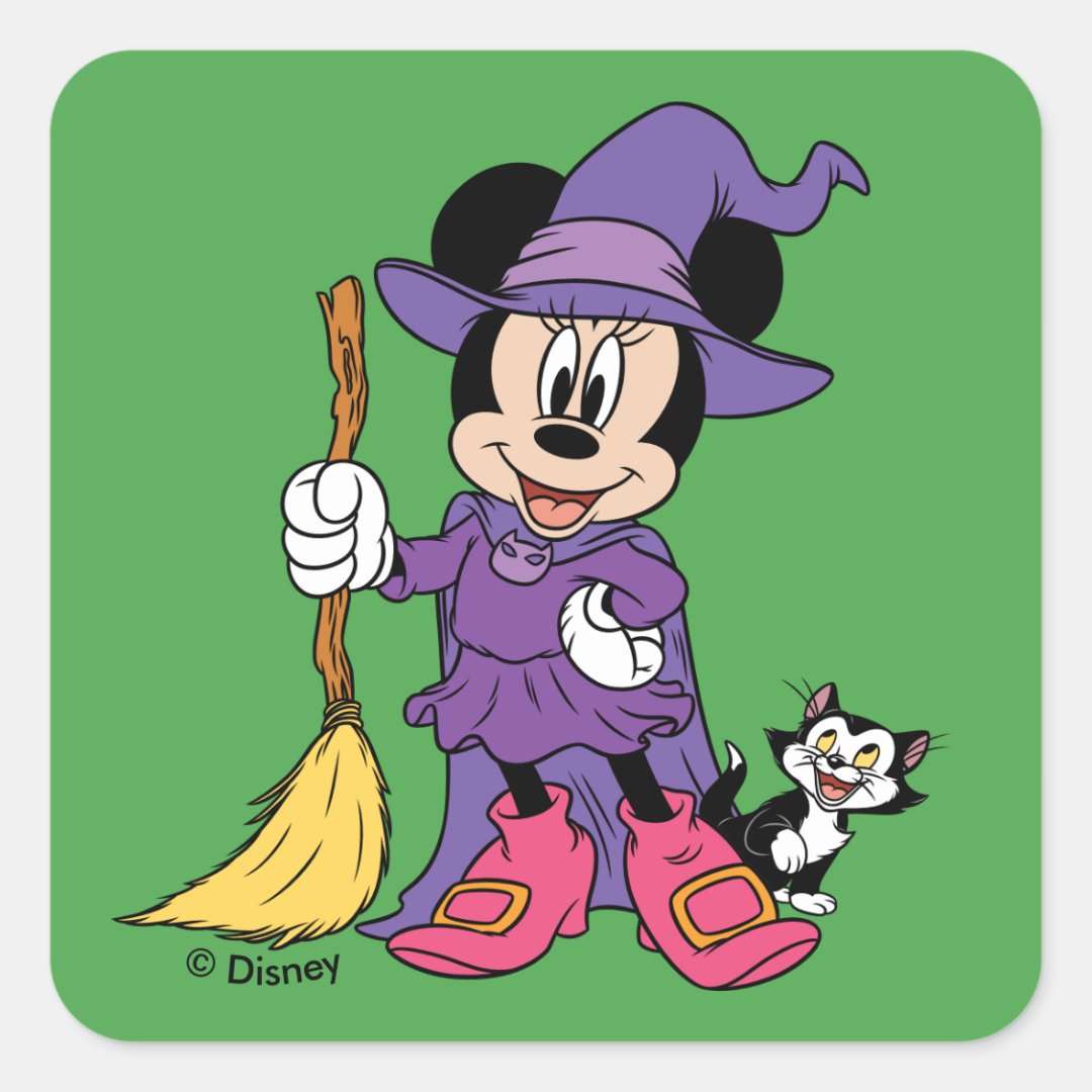 Halloween Minnie Dressed as Cute Witch Square Sticker | Zazzle