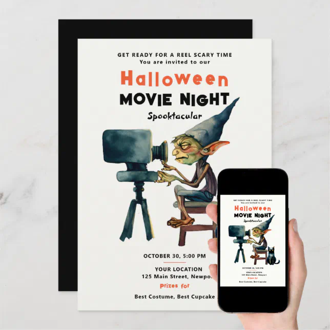 Halloween Movie Night Spooktacular Gremlin Cat Invitation | Zazzle