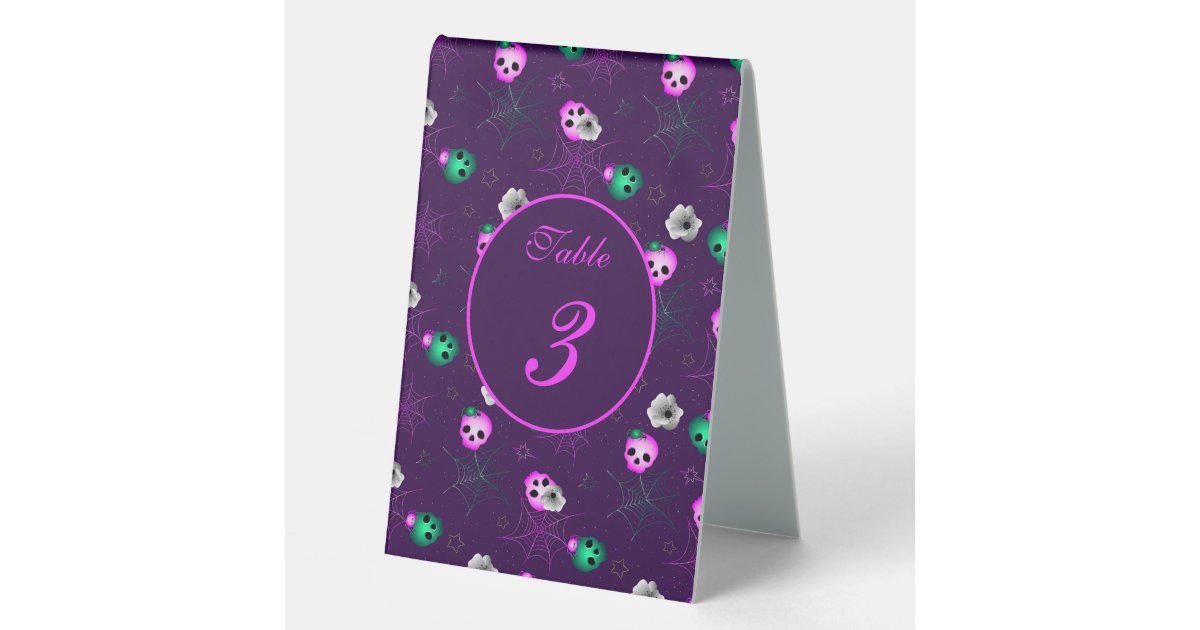Halloween Neon Pink and Green Glowing Skulls Ta Table Tent | Zazzle