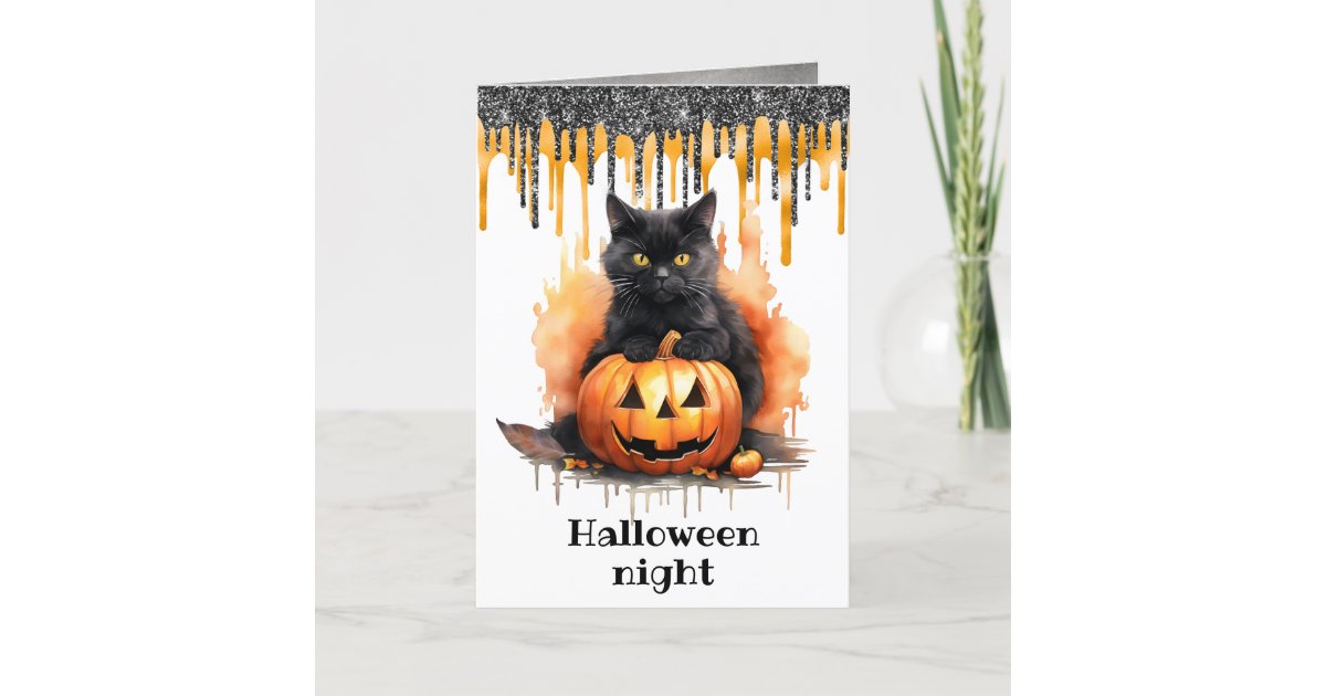 Halloween Night Black Cat Card | Zazzle