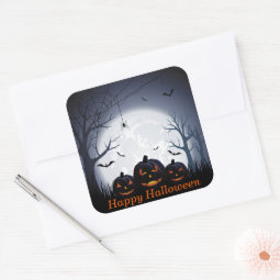 Halloween Night with Pumpkin Spider & flying Bats Square Sticker | Zazzle