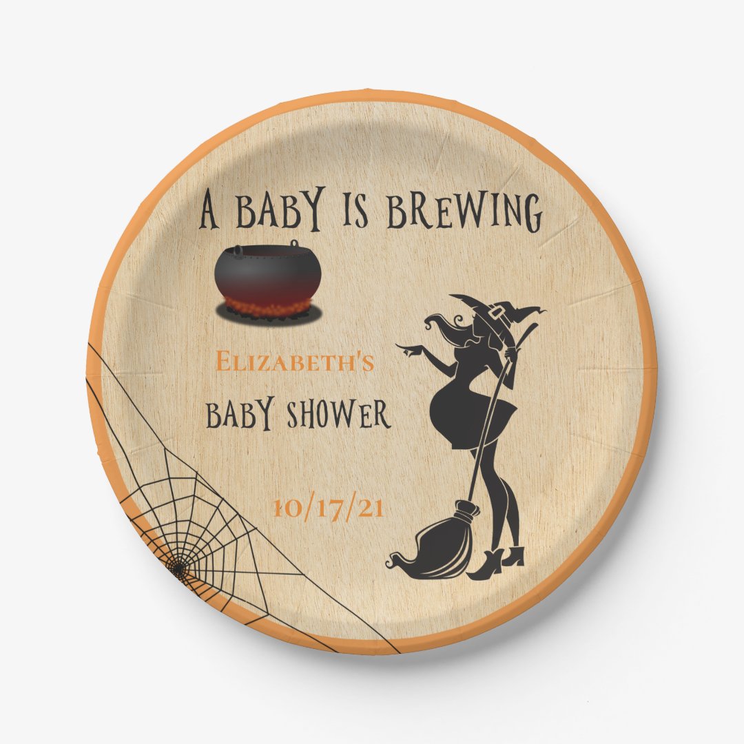 Halloween October Witch Baby is Brewing Shower Paper Plates | Zazzle