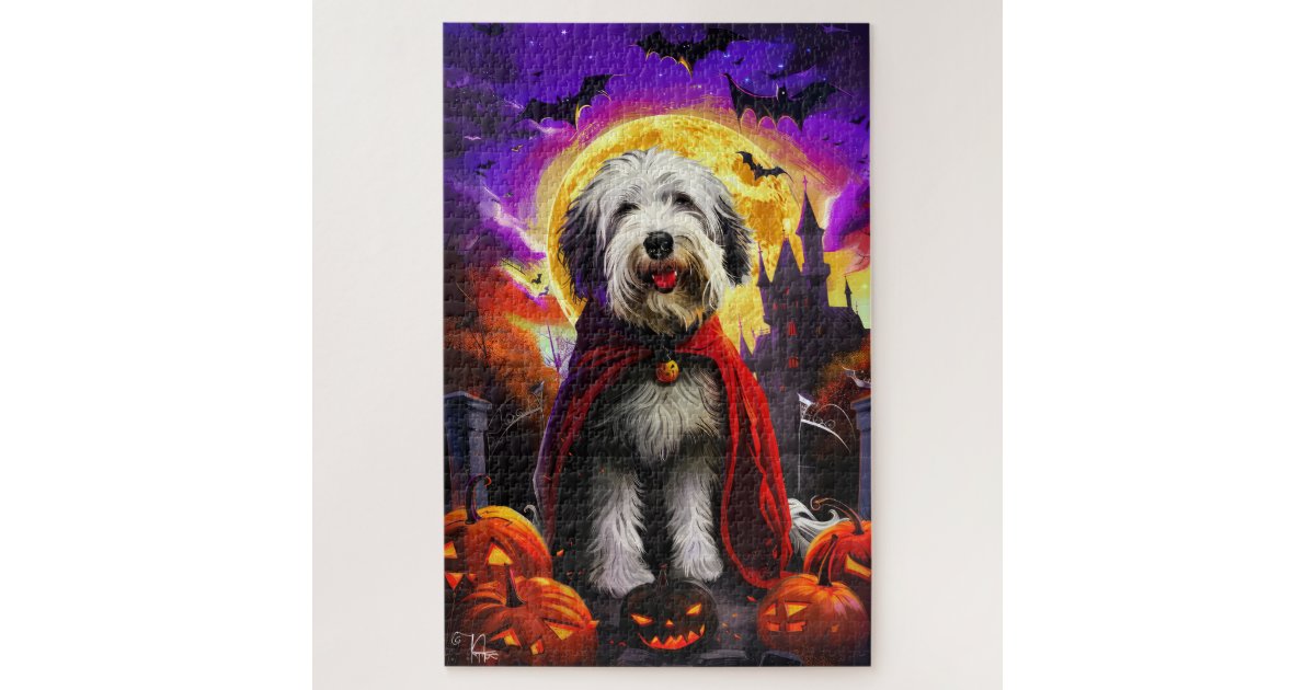 Halloween Old English Sheepdog Vampire Pumpkins Jigsaw Puzzle | Zazzle