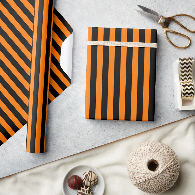 Halloween Orange Black Stripes Pattern Custom Text Wrapping Paper | Zazzle