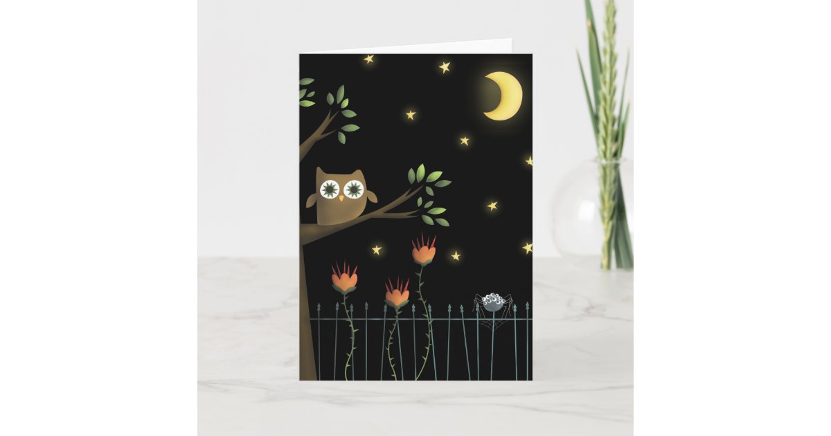 Halloween Owl and Spider at night Card | Zazzle
