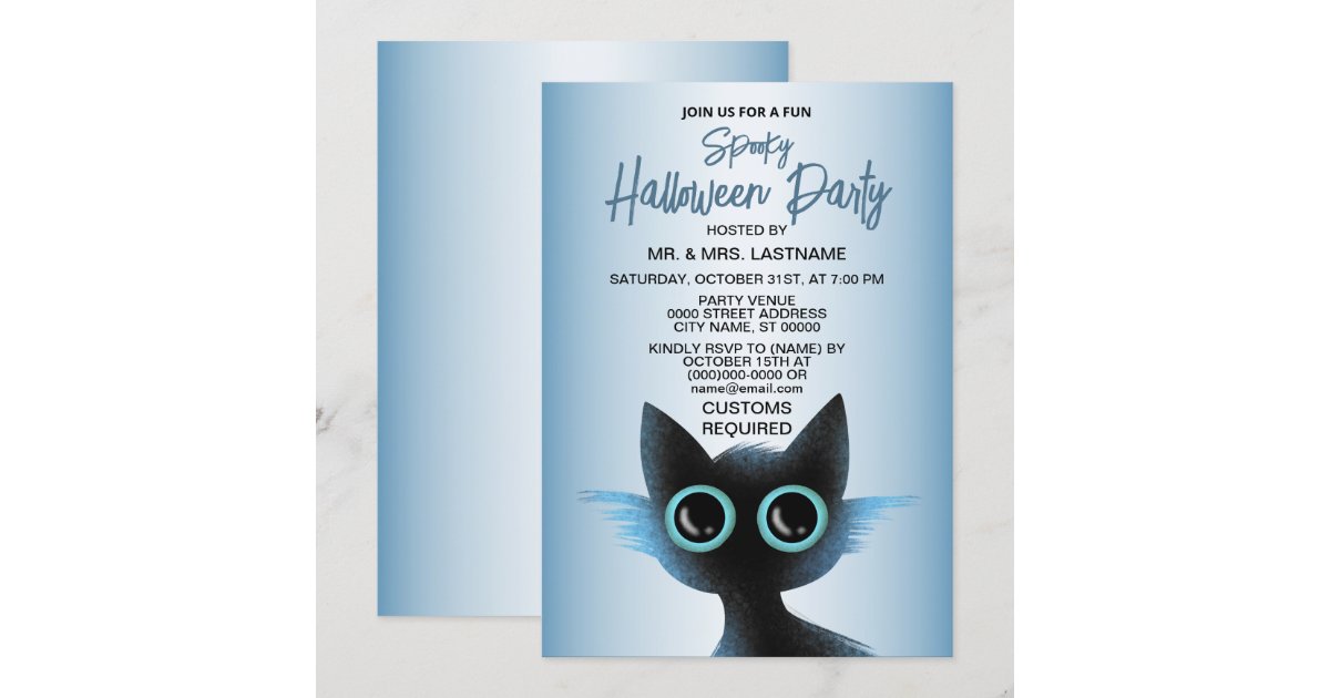Halloween Party Big Eyes Black Blue Evil Cat Invitation | Zazzle