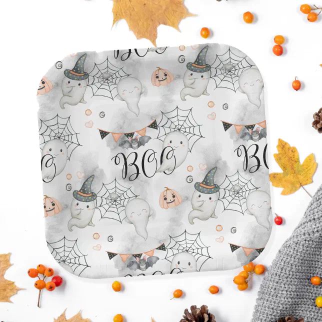 Halloween Party Cute Ghost Pumpkin Paper Plates | Zazzle