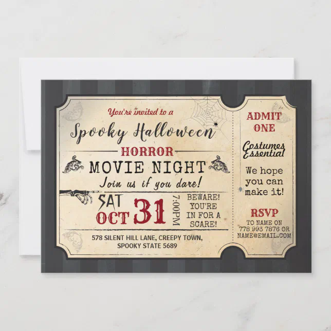 Halloween Party Horror Movie Night Film Ticket Invitation | Zazzle