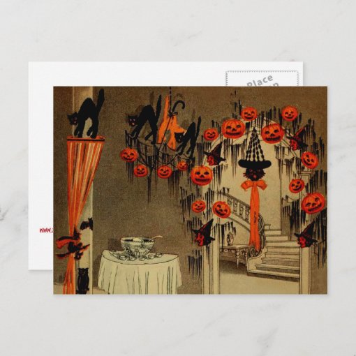 Halloween Party Jack O Lantern Pumpkin Black Cat Holiday Postcard | Zazzle