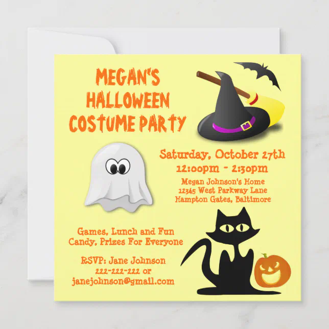 Halloween Party Kids Cute Fun Ghost Pumpkin Cat Invitation | Zazzle