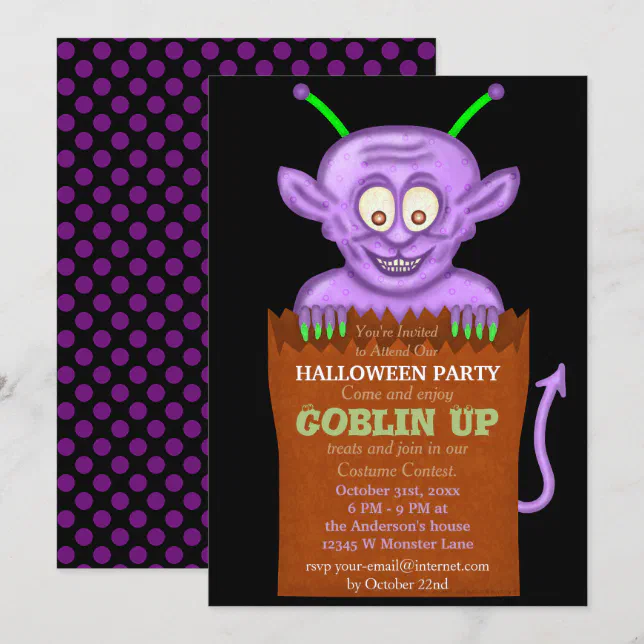 Halloween Party Purple Goblin Funny Kids Invitation | Zazzle