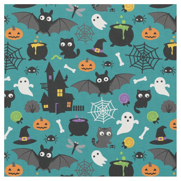 Cute Cats & Pumpkins Olive Black Halloween Pattern Fabric | Zazzle