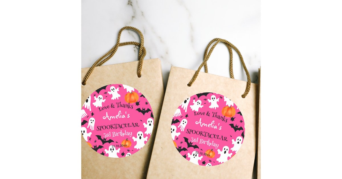 Halloween pink spooky spooktacular birthday party classic round sticker ...