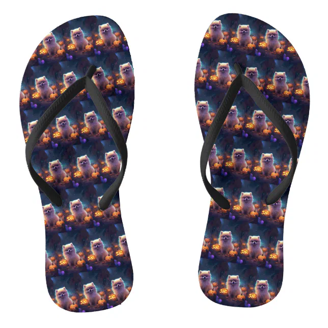 Halloween Pomeranian With Pumpkins Scary Flip Flops | Zazzle