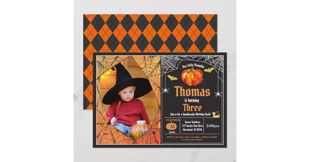 Halloween pumpkin kid birthday party photo invitation | Zazzle